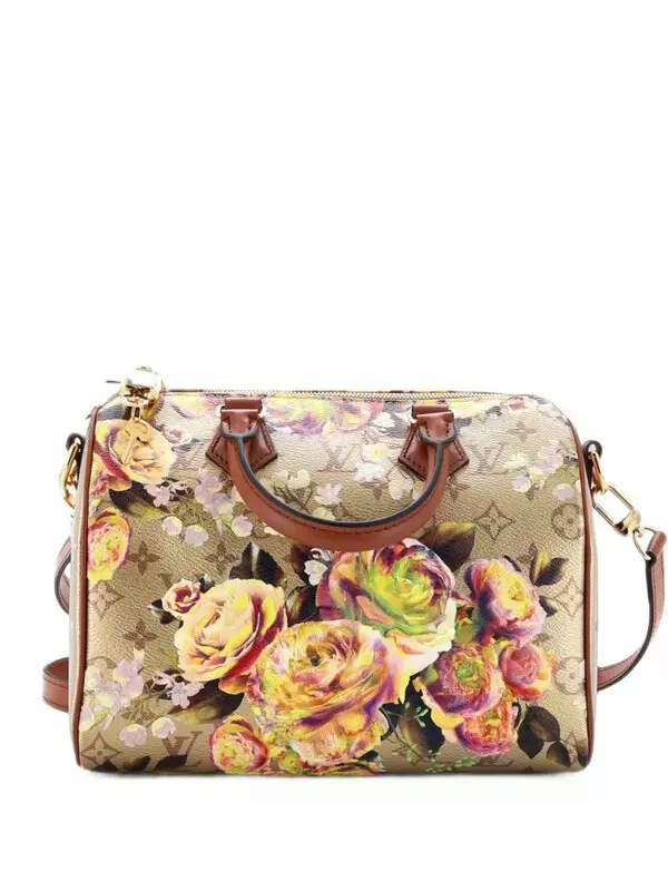 LOUIS VUITTON Speedy Bandouliere Bag Limited Edition Flowers Monogram Canvas 25 Satchel - Gold