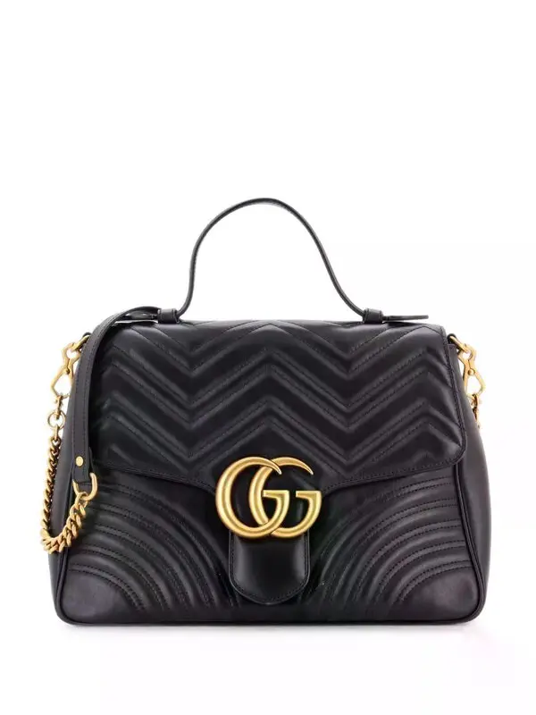 Gucci Gg Marmont Top Handle Flap Bag Matelasse Leather Medium Satchel - Black
