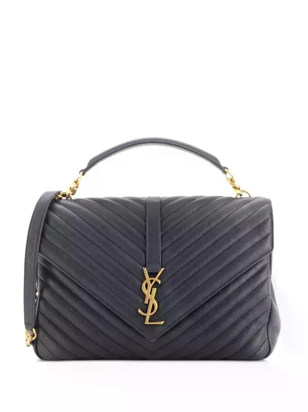 Saint Laurent Classic Monogram College Bag Matelasse Chevron Leather Large Shoulder Bag - Black