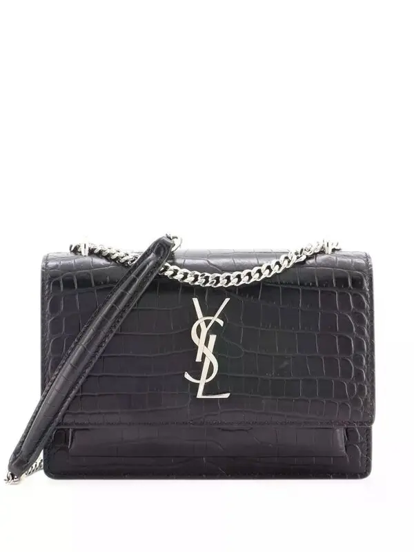 Saint Laurent Sunset Chain Wallet Crocodile Embossed Leather Crossbody Bag - Black