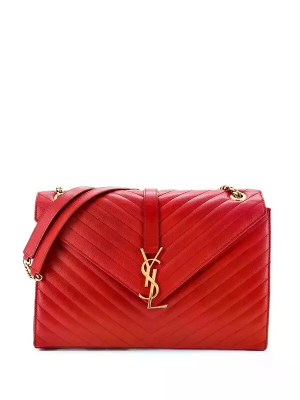 Saint Laurent Classic Monogram Envelope Satchel Matelasse Chevron Leather Large Shoulder Bag - Red