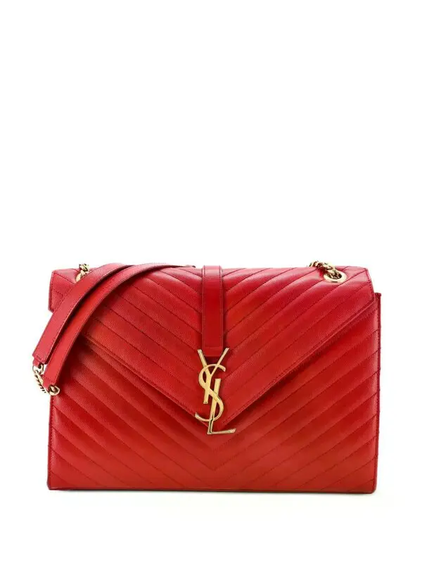 Saint Laurent Classic Monogram Envelope Satchel Matelasse Chevron Leather Large Shoulder Bag - Red