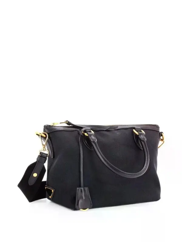 Prada Logo Convertible Zip Canvas With Leather Small Tote Bag
