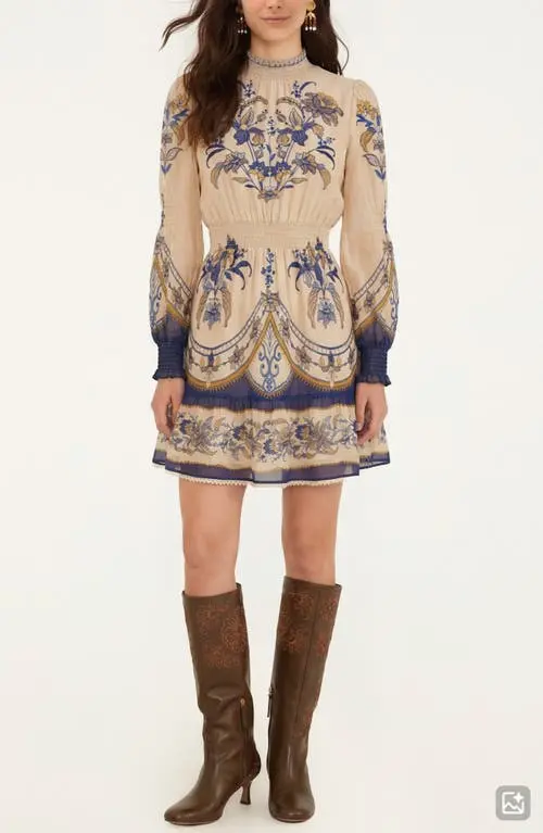 Farm Rio Liz Long Sleeve Minidress - Beige