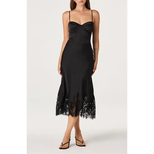 Astr The Label Abrianna Lace Trim Satin Midi Dress - Black