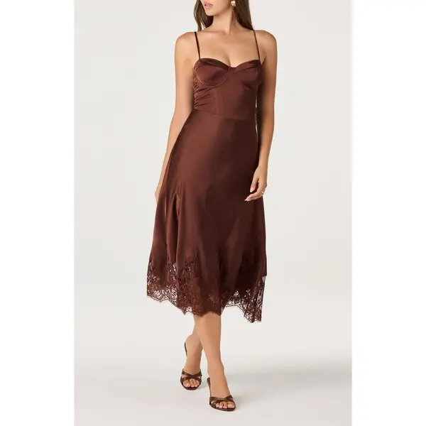Astr The Label Abrianna Lace Trim Satin Midi Dress - Brown