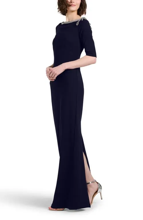 EMILY SHALANT Jeweled Neck Gown - Navy