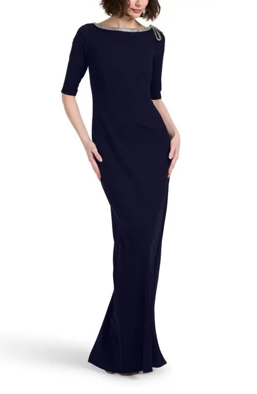 EMILY SHALANT Jeweled Neck Gown - Navy