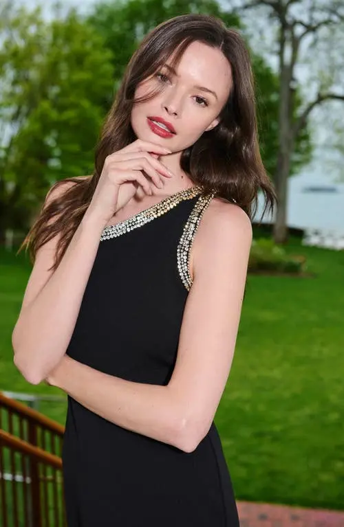 EMILY SHALANT Crystal Trim Stretch Crepe Cocktail Dress