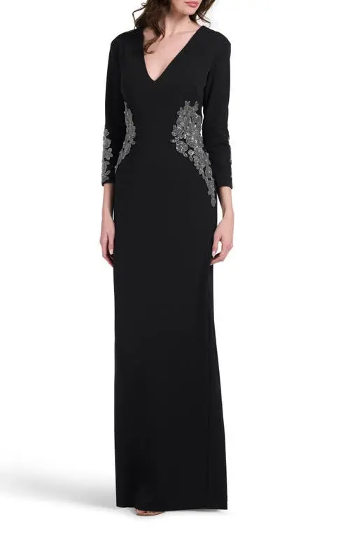 EMILY SHALANT Metallic Appliqué Stretch Crepe Gown