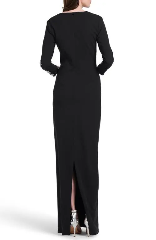 EMILY SHALANT Metallic Appliqué Stretch Crepe Gown