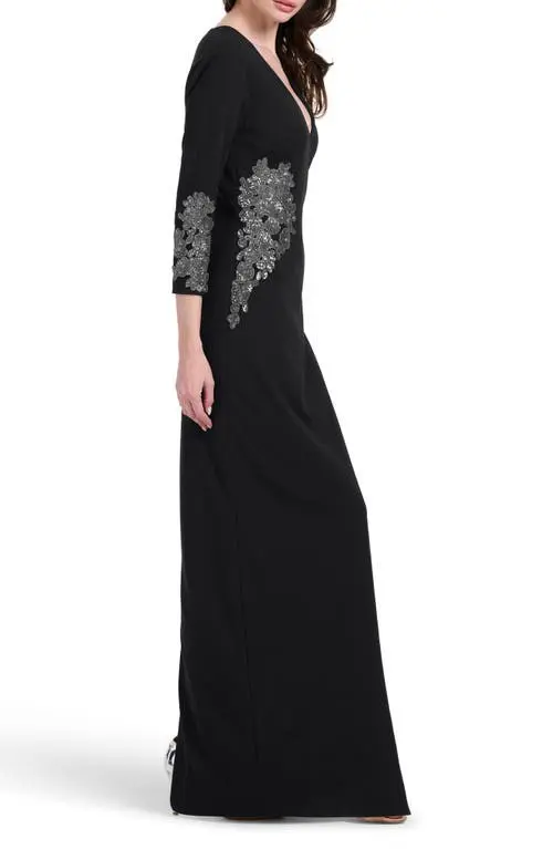 EMILY SHALANT Metallic Appliqué Stretch Crepe Gown