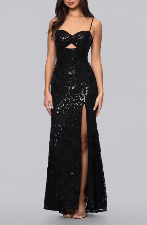 BLONDIE NITES Sequin Floral Lace Cutout Detail Gown - Black