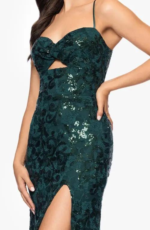 BLONDIE NITES Sequin Floral Lace Cutout Detail Gown - Hunter