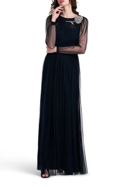 EMILY SHALANT Long Sleeve Floral Appliqué Spanish Tulle Gown