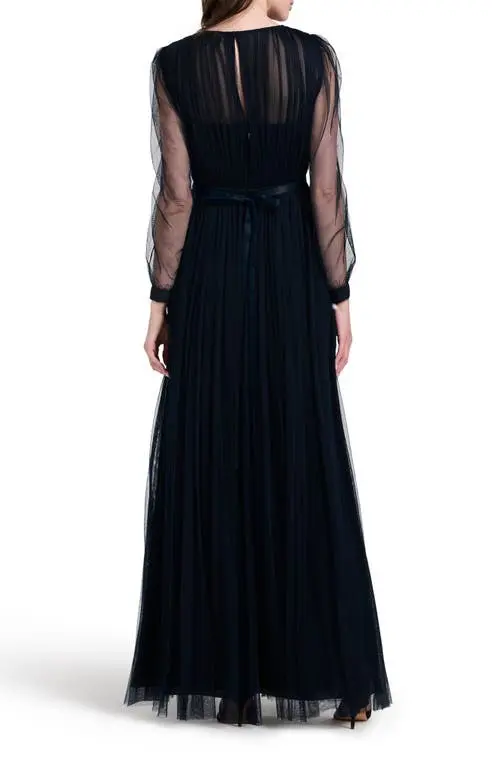 EMILY SHALANT Long Sleeve Floral Appliqué Spanish Tulle Gown