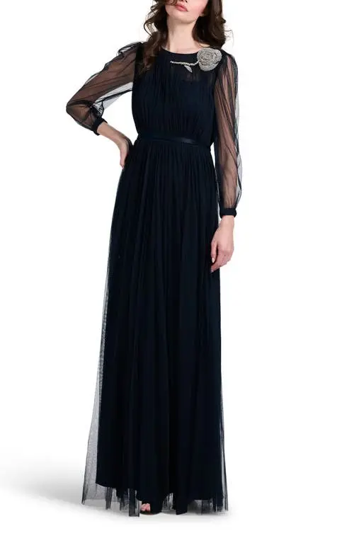 EMILY SHALANT Long Sleeve Floral Appliqué Spanish Tulle Gown