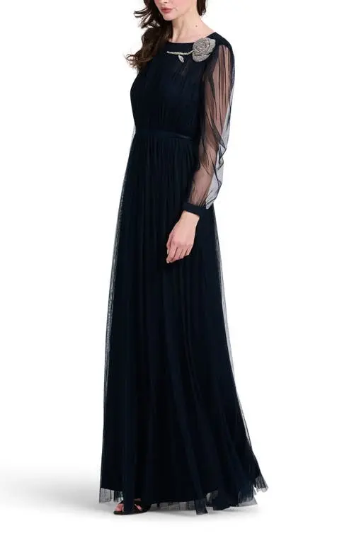 EMILY SHALANT Long Sleeve Floral Appliqué Spanish Tulle Gown