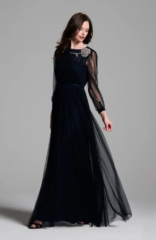 EMILY SHALANT Long Sleeve Floral Appliqué Spanish Tulle Gown