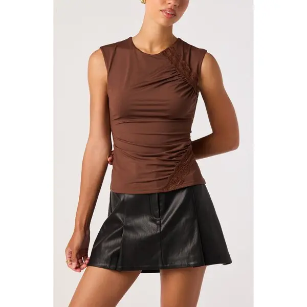 Astr The Label Frances Lace Trim Ruched Top - Brown