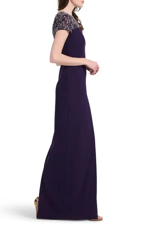 EMILY SHALANT Crystal Embellished Illusion Neck Stretch Crepe Gown - Amethyst