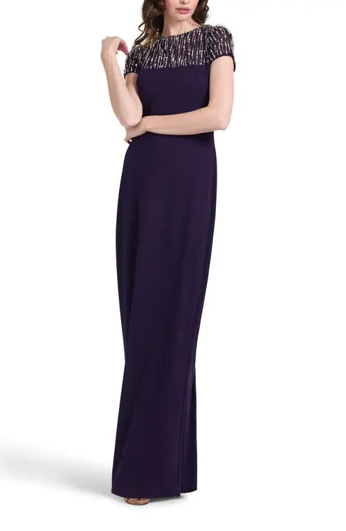 EMILY SHALANT Crystal Embellished Illusion Neck Stretch Crepe Gown - Amethyst