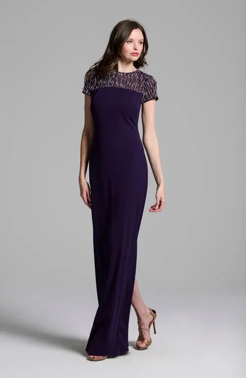 EMILY SHALANT Crystal Embellished Illusion Neck Stretch Crepe Gown - Amethyst