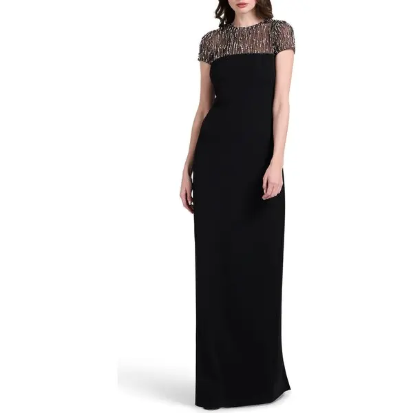 EMILY SHALANT Crystal Embellished Illusion Neck Stretch Crepe Gown - Black