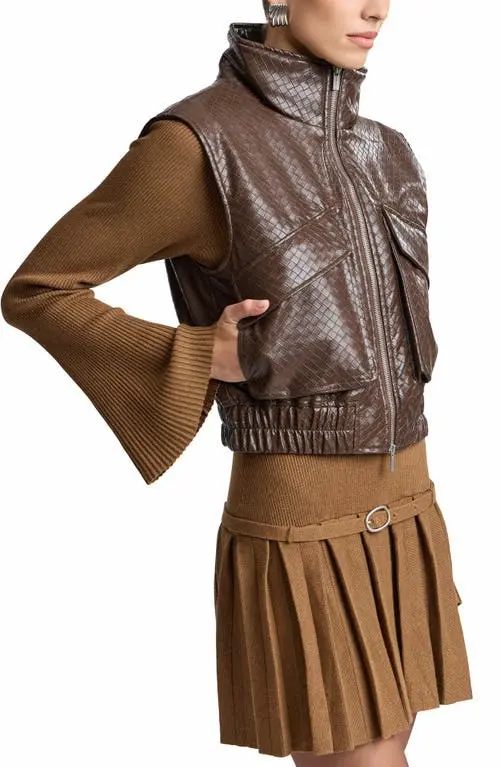 Avec Les Filles Basket Weave Faux Leather Cropped Puffer Vest