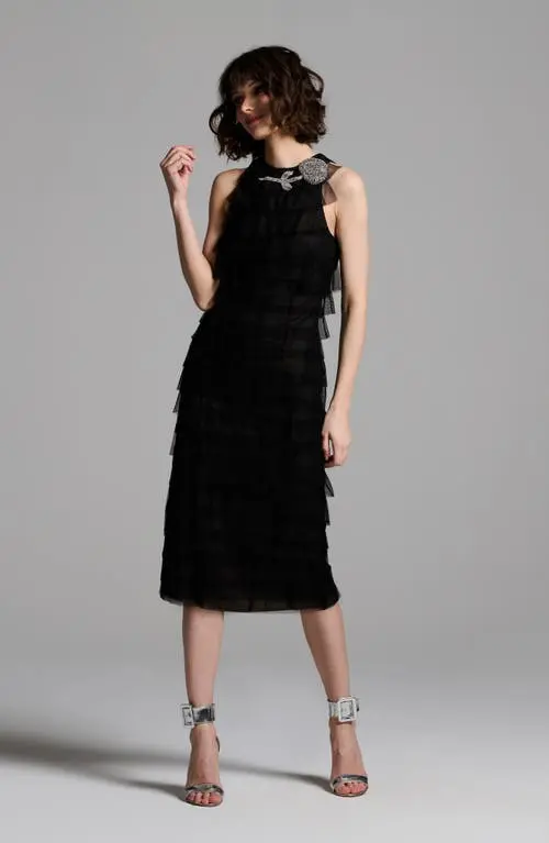 EMILY SHALANT Spanish Tiered Tulle Cocktail Midi Dress