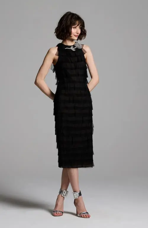 EMILY SHALANT Spanish Tiered Tulle Cocktail Midi Dress