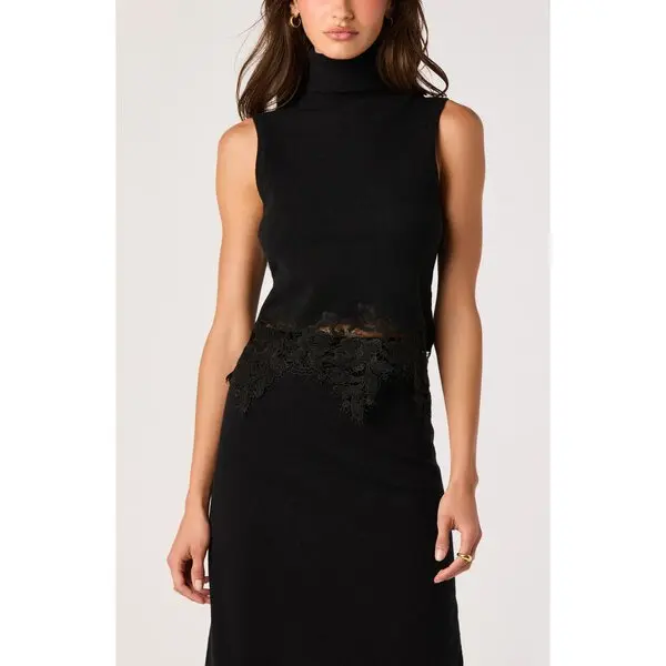 Astr The Label Nadine Lace Trim Sleeveless Turtleneck Sweater - Black