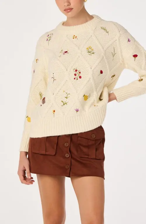 Astr The Label Rose Embroidered Diamond Cable Sweater