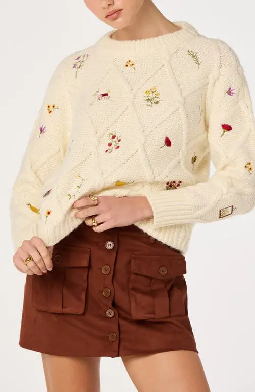 Astr The Label Rose Embroidered Diamond Cable Sweater