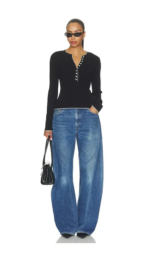 525 America Emmeline Rib Layered Henley In Black