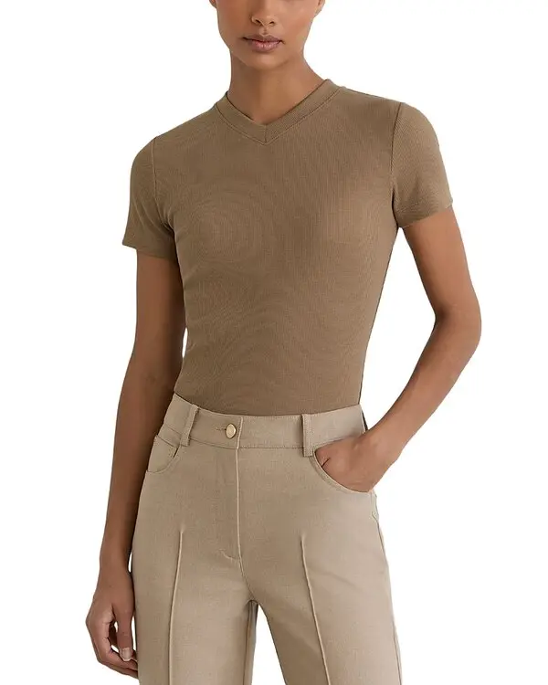 REISS Addison Cotton Stretch High V Neck Ribbed Tee - Camel