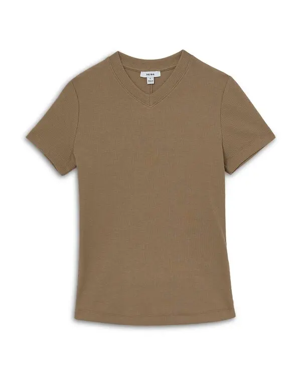 REISS Addison Cotton Stretch High V Neck Ribbed Tee