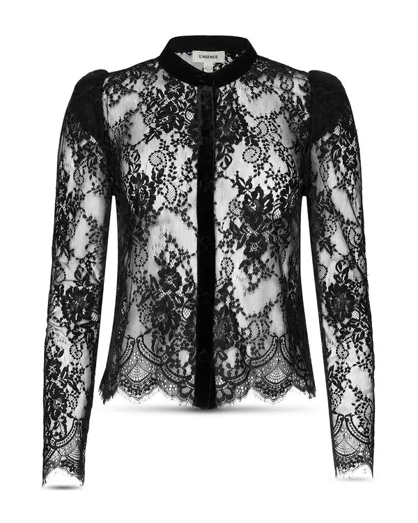 L'Agence Dorothea Velvet Trim Lace Blouse