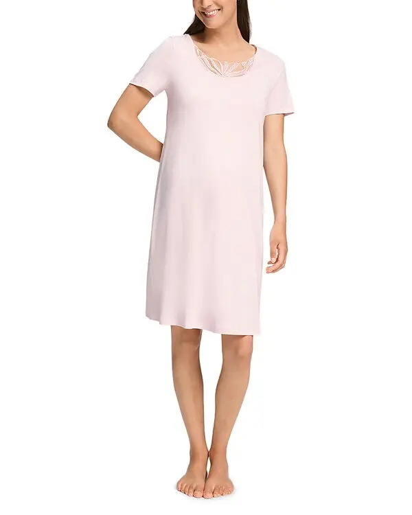 Hanro Short Sleeve Lace Trim Cotton Nightgown - Rose Bath