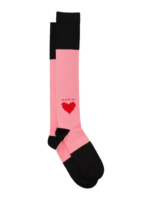 Marni Graphic Color-block Knit Socks With Heart Motif, Logo And Contrasting Toe - Rosa