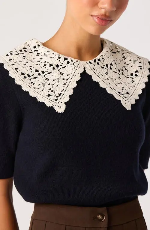 Astr The Label Carianne Lace Collar Short Sleeve Sweater - Navy
