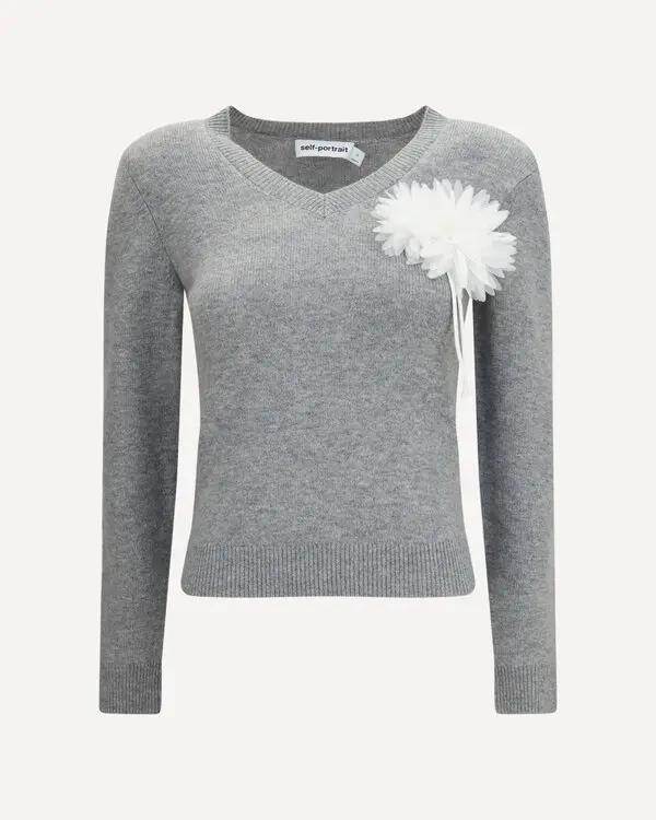 SELF-PORTRAIT Wool And Cahmere Blend Jumper With Floral Corage - Grey