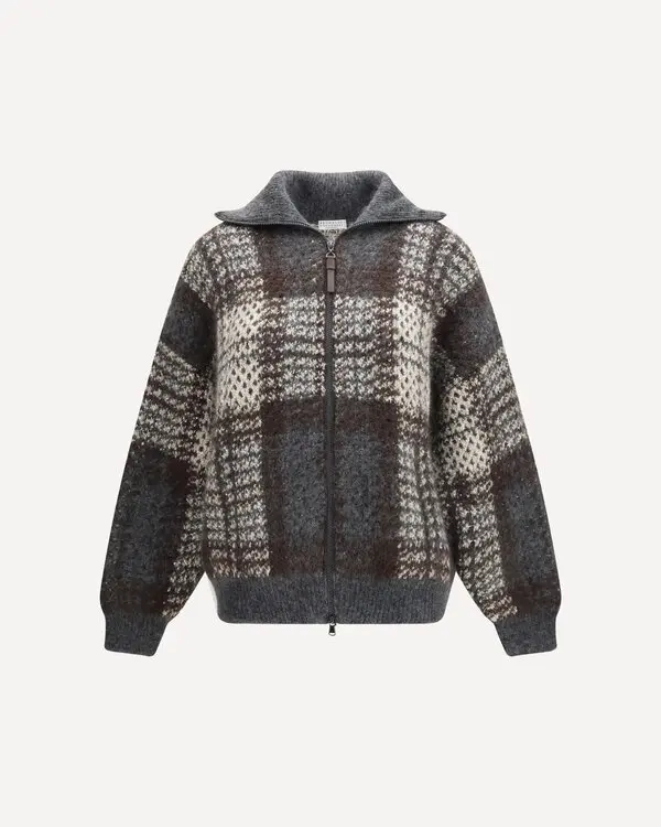 Brunello Cucinelli Checked Woo Zip Cardigan Femae - Grey