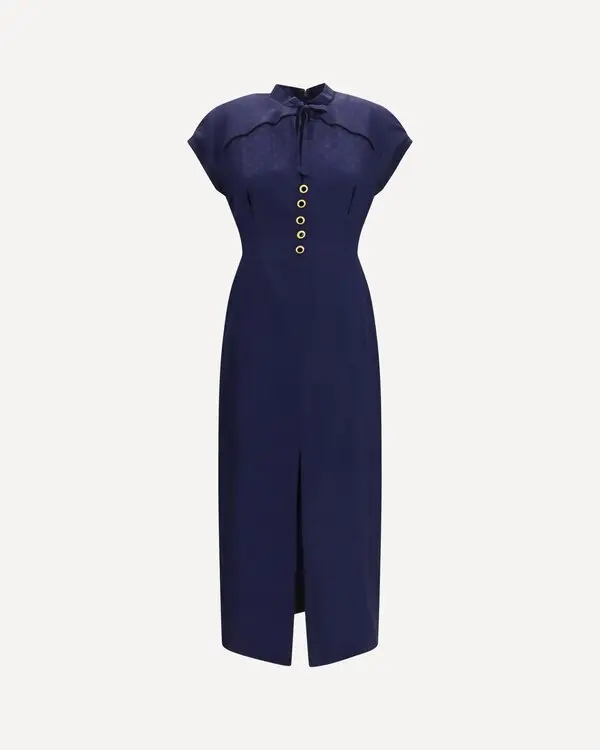 Alessandra Rich Silk Midi Dress With Buttons And Contrast Piping
