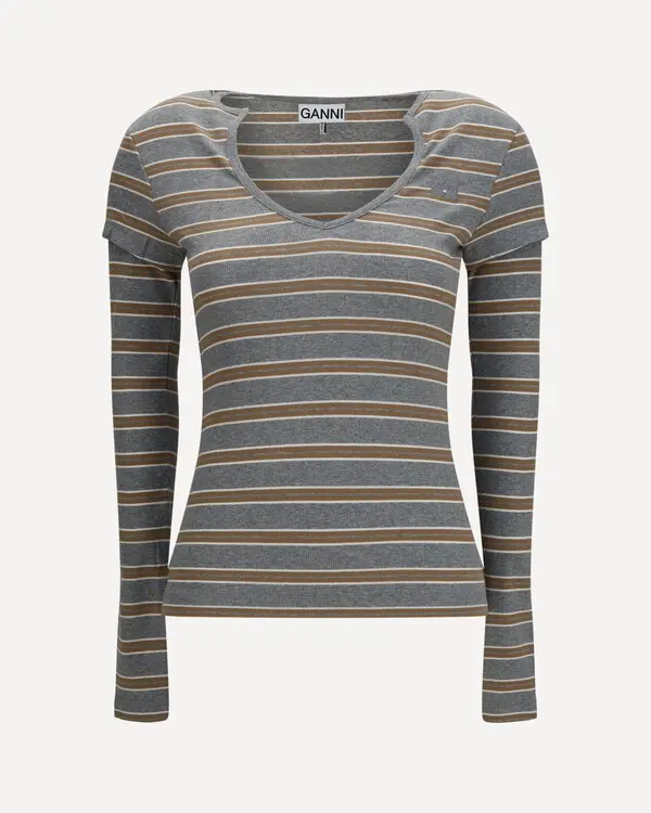 GANNI Ribbed V-neck Long-sleeve T-shirt Feale - Grey