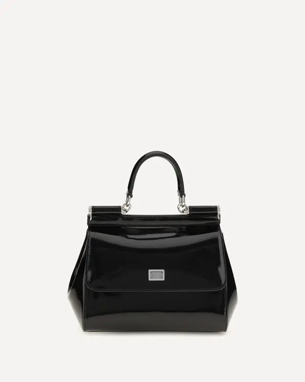 Dolce & Gabbana Small Sicily Glossy Calfskin Handbag - Black