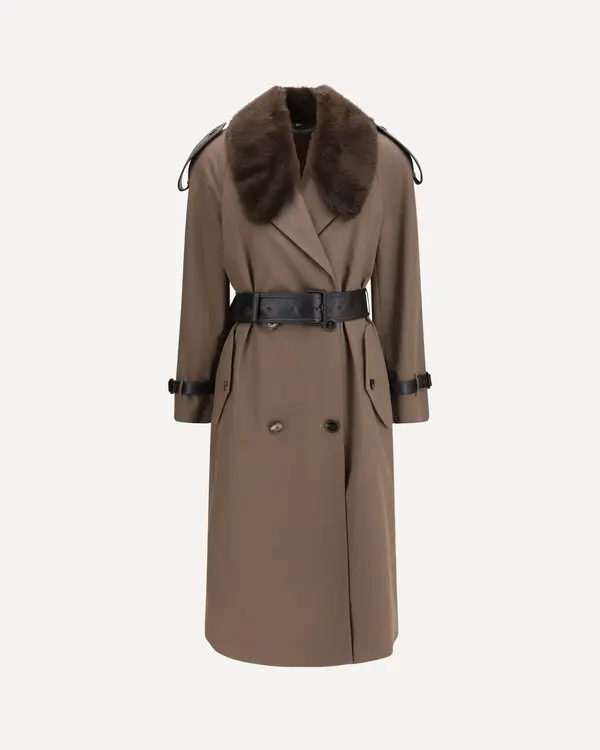 Burberry Long Cotton Trench Coat With Buffalo Leather Collar - Brown
