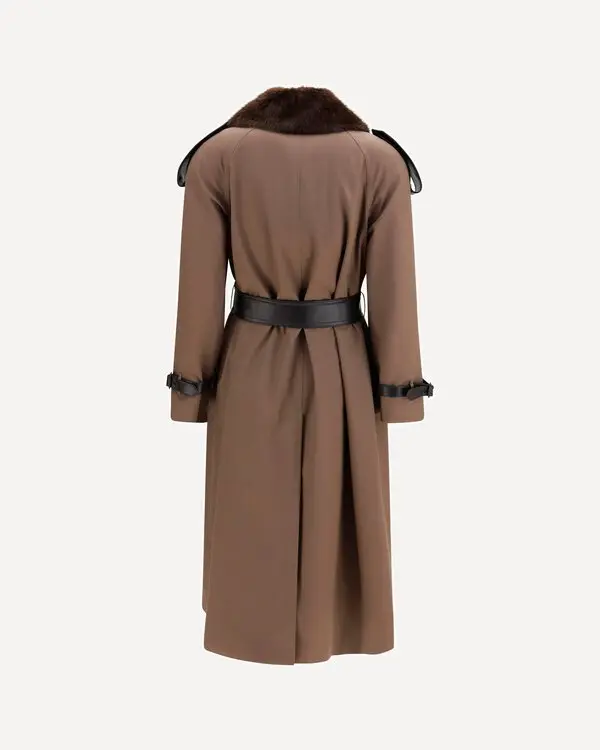Burberry Long Cotton Trench Coat With Buffalo Leather Collar