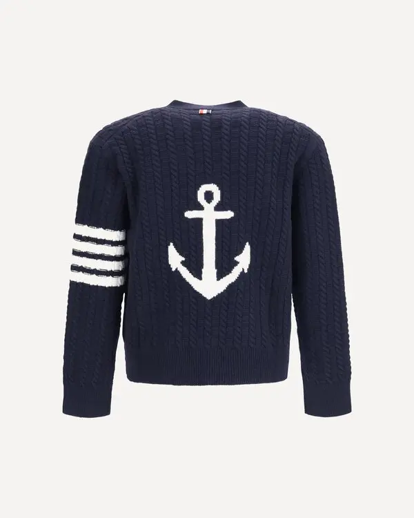 Thom Browne V-neck Sweater With Anchor Embroidery On The Back