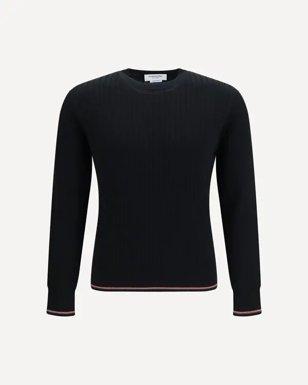 Thom Browne Crewneck Cotton Knit Sweater With 4-bar Detail - Black